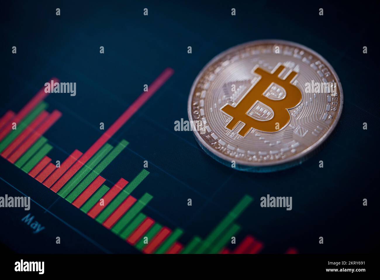 Silver Bitcoin cryptocurrency with candle stick graph chart and digital ...