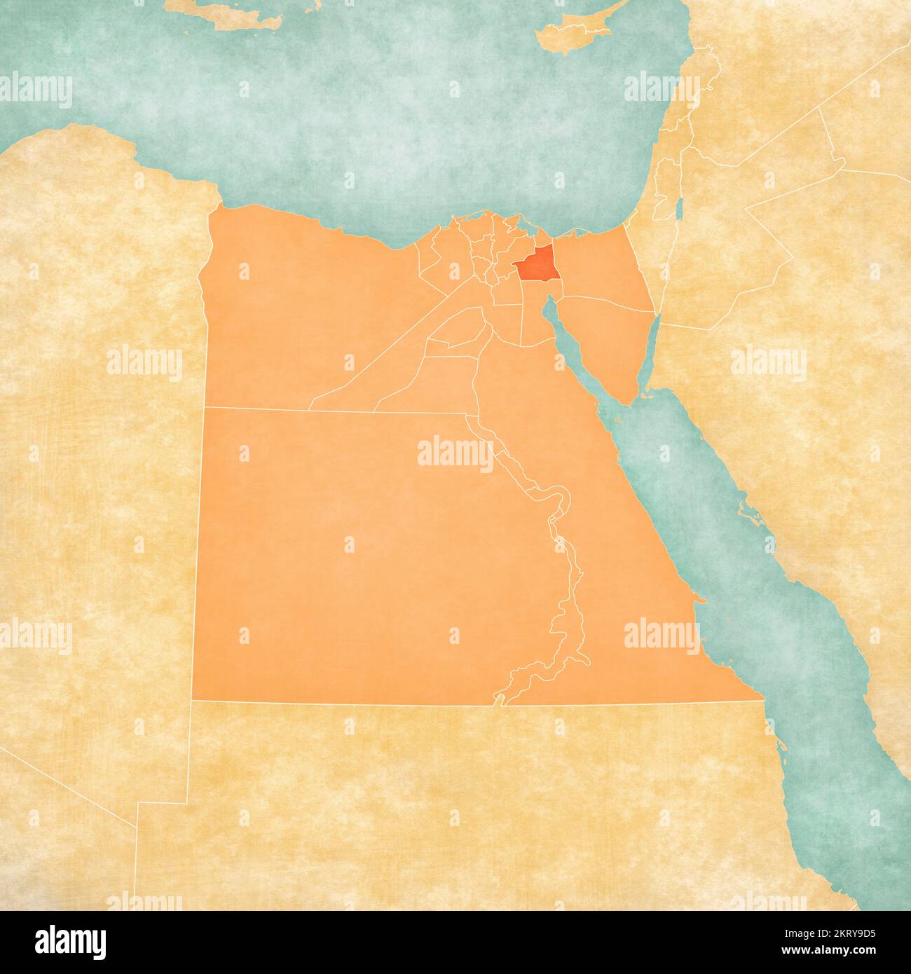 Ismailia on the map of Egypt in soft grunge and vintage style, like old ...