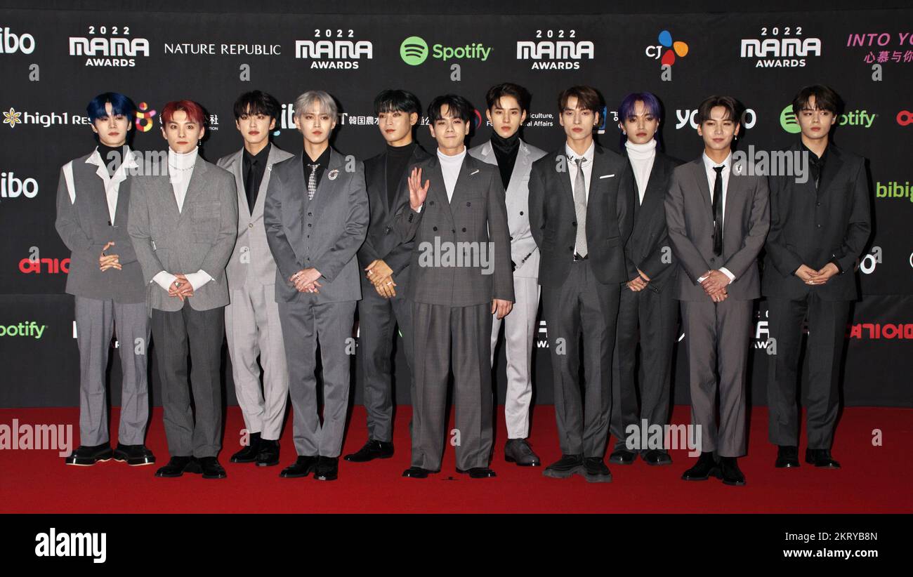 Osaka, Japan. 29th Nov, 2022. K-pop Japanese group J01 attend a red carpet event of the 2022 ...