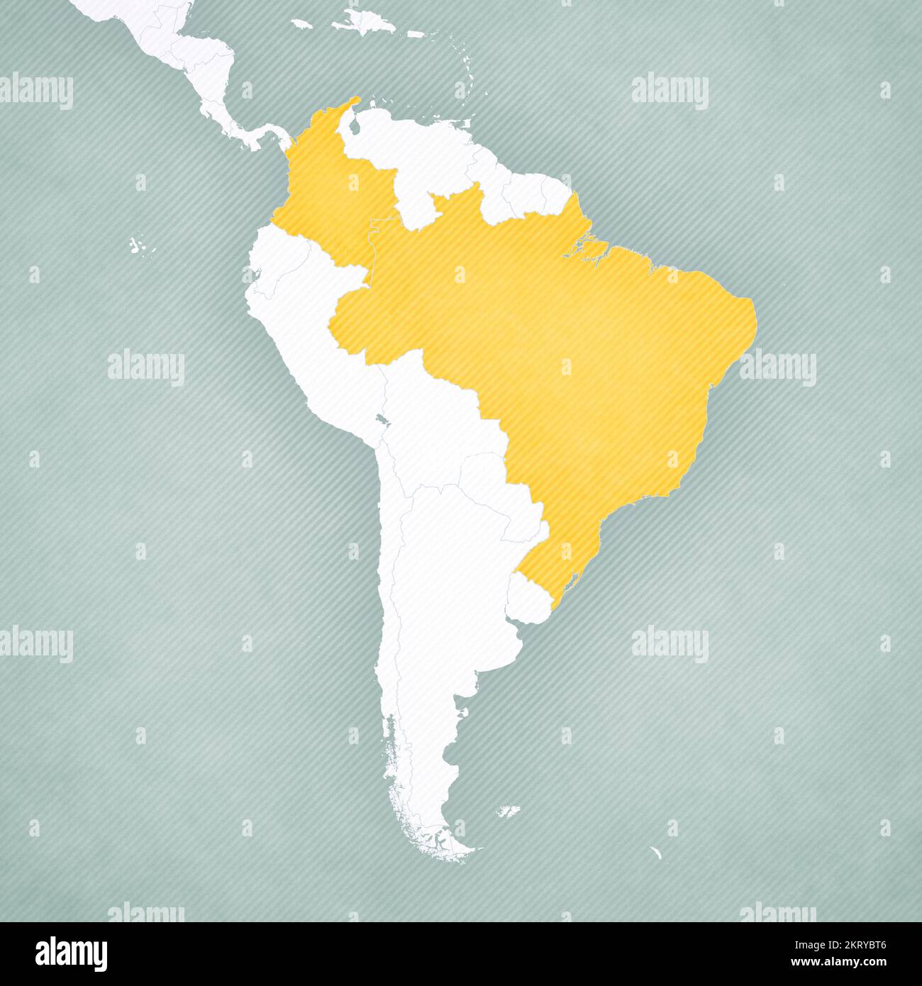 Brazil and Colombia on the map of South America with softly striped ...
