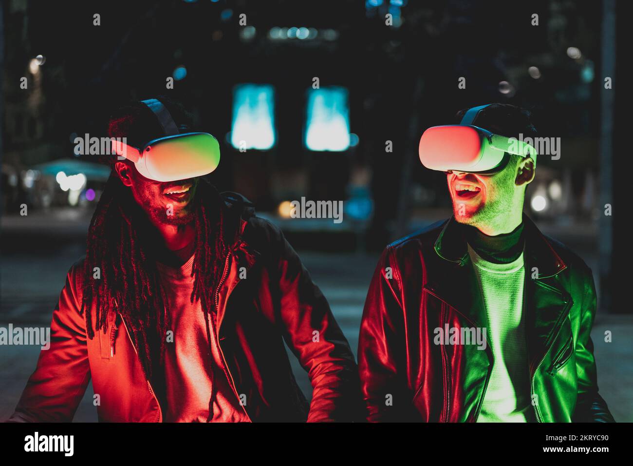 two diverse men using headset to explore the cyber world, new ...