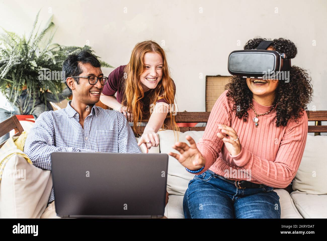 group of young people from generation z using augmented reality, people ...