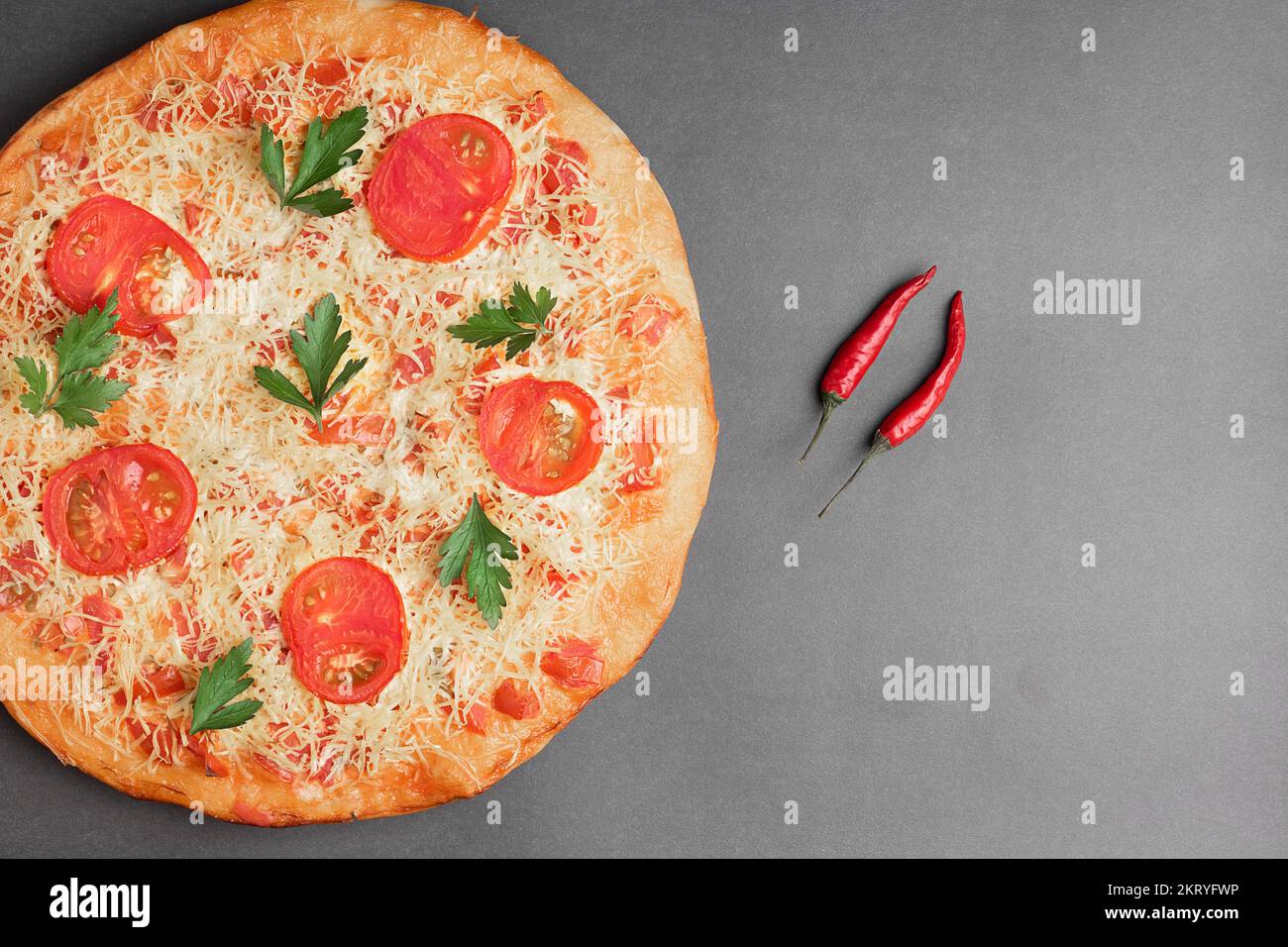 Pizza on chalk background, top view and copy space, close up Stock ...