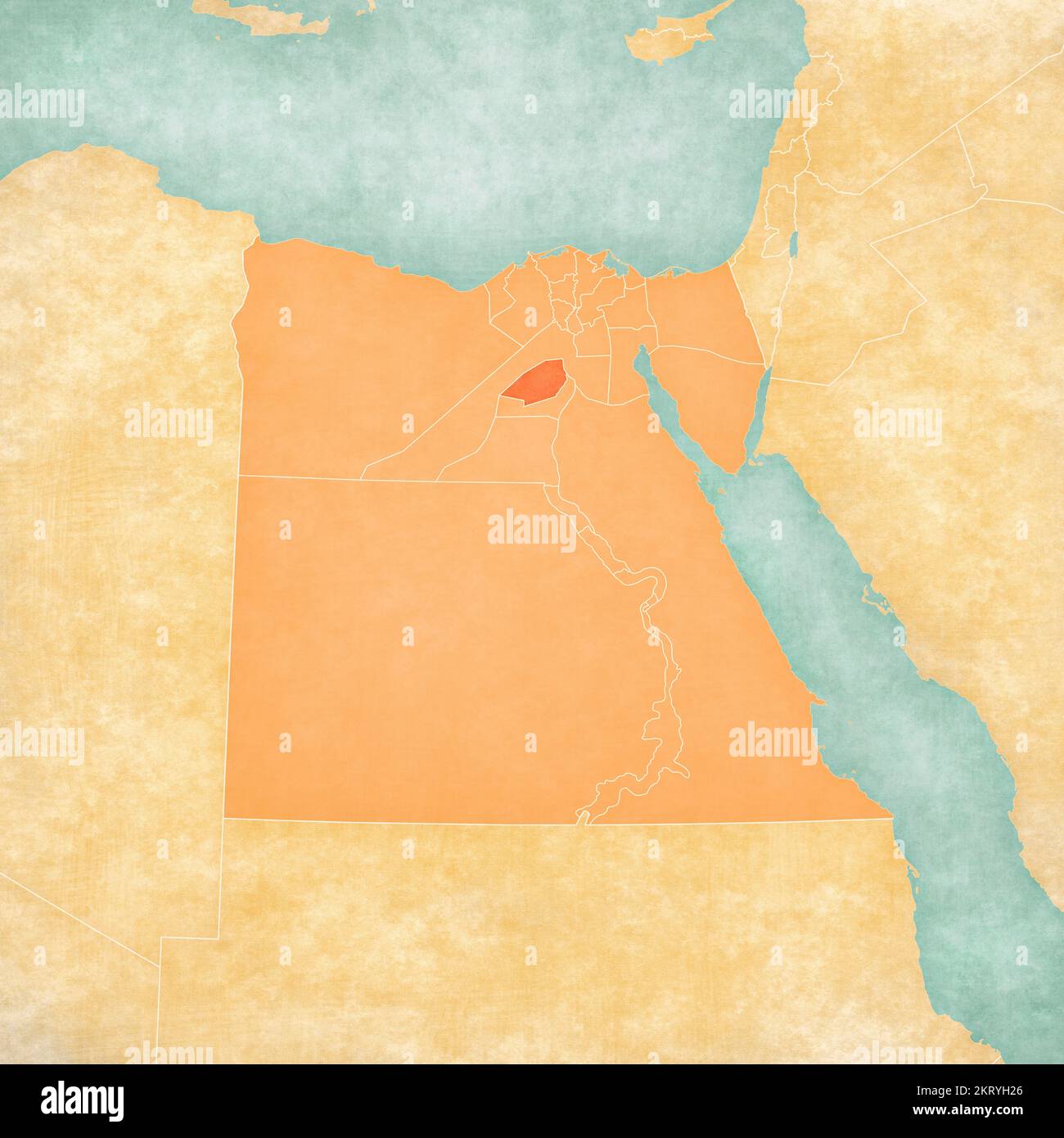 Faiyum on the map of Egypt in soft grunge and vintage style, like old ...