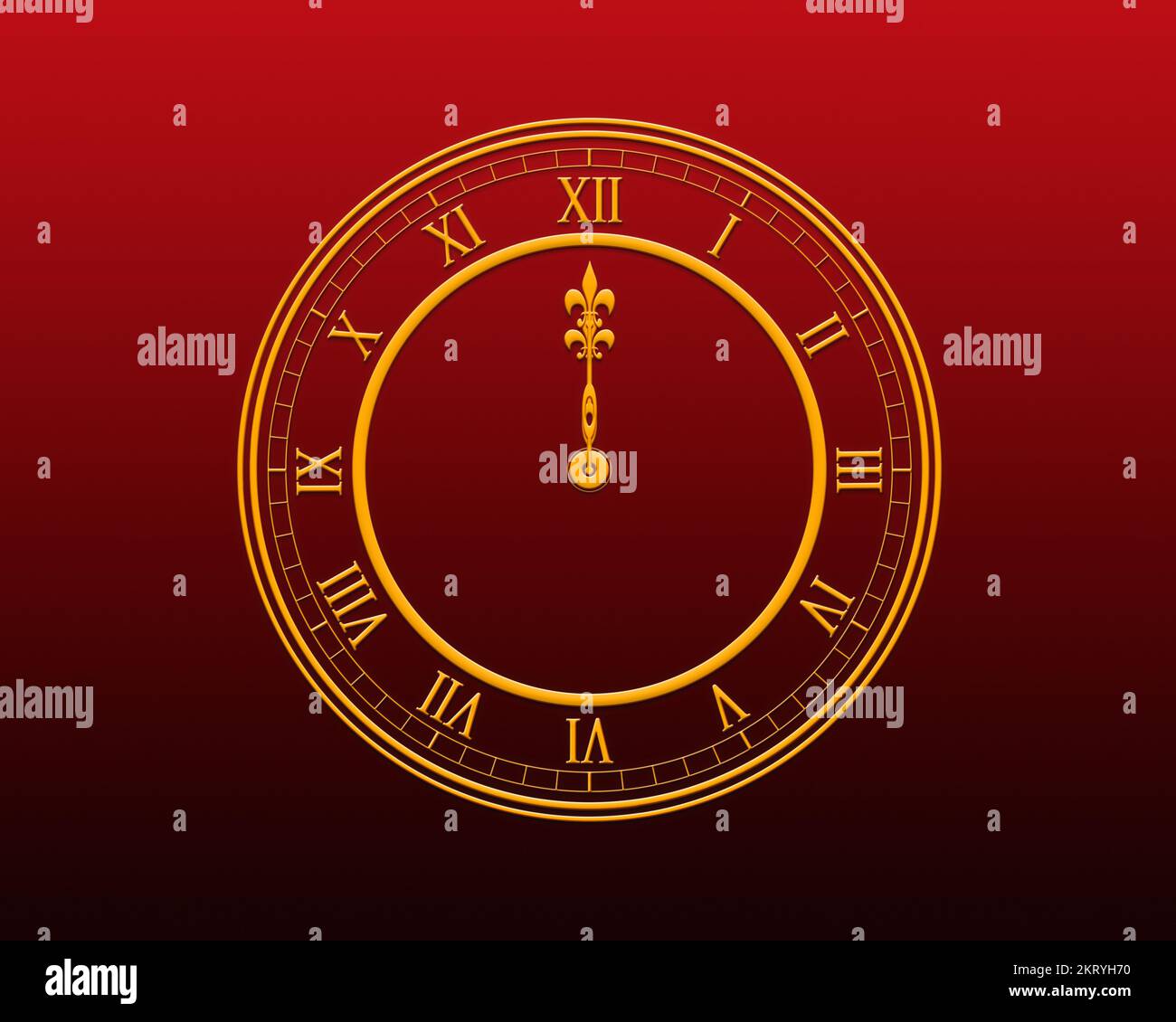 Golden Clock striking twelve on christmas red background illustration ...