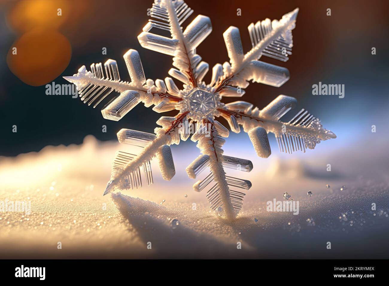 Extremely close-up shot of a snowflake in a winter snowy environment at ...