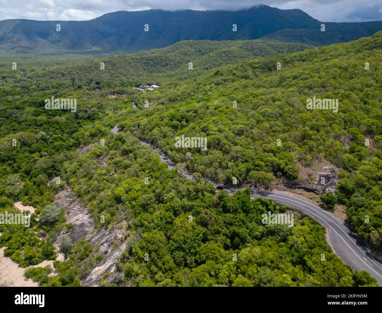 Aerial photo of tropical road running in between lush rainforrest in ...
