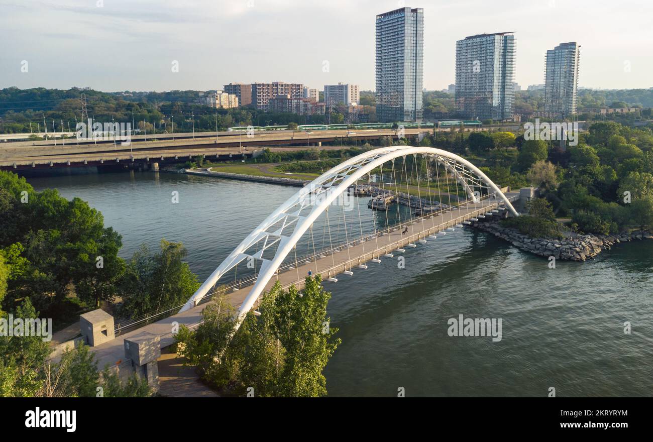Wide angle aerial view of a waterfront pedestrian bridge Stock Photo ...