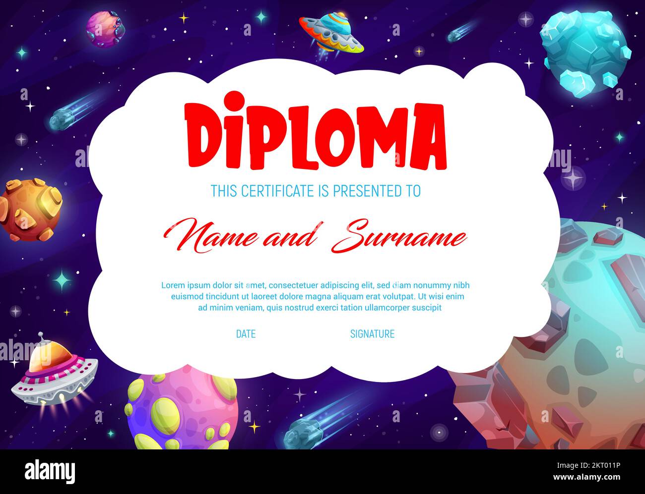 Kids diploma, cartoon ufo and alien starship in starry galaxy ...