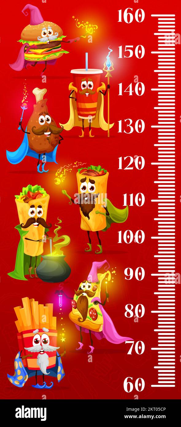 Kids height chart, cartoon fast food mage and wizard characters, vector ...