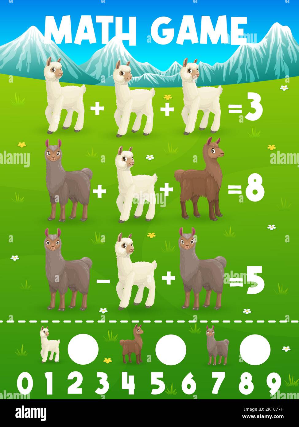 Lama, vicuna and guanaco math game worksheet. Vector counting puzzle ...