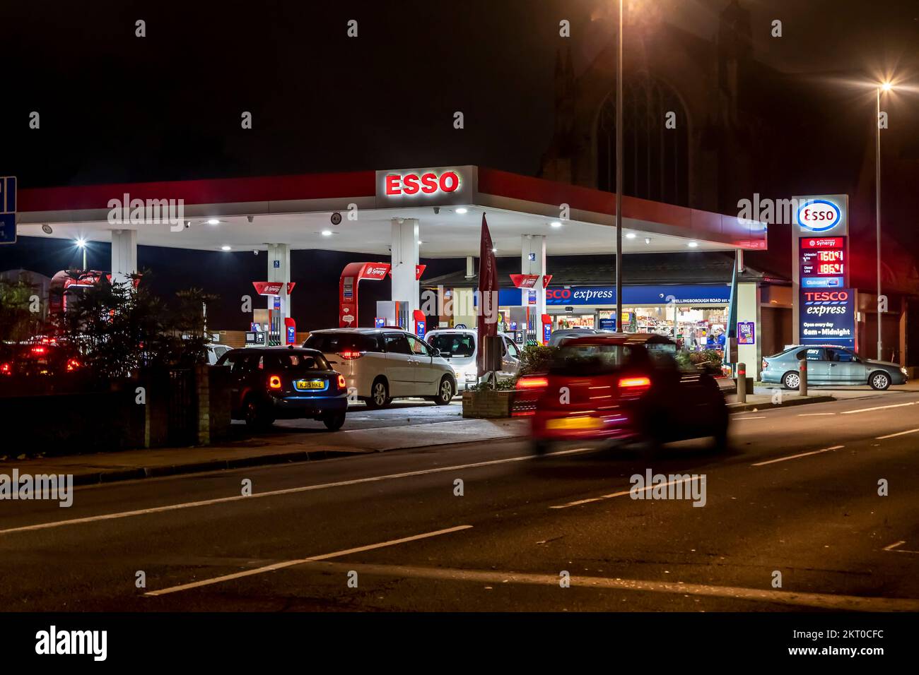 Busy ESSO garge and Tesco's, Wellingborough road, Northampton, England ...
