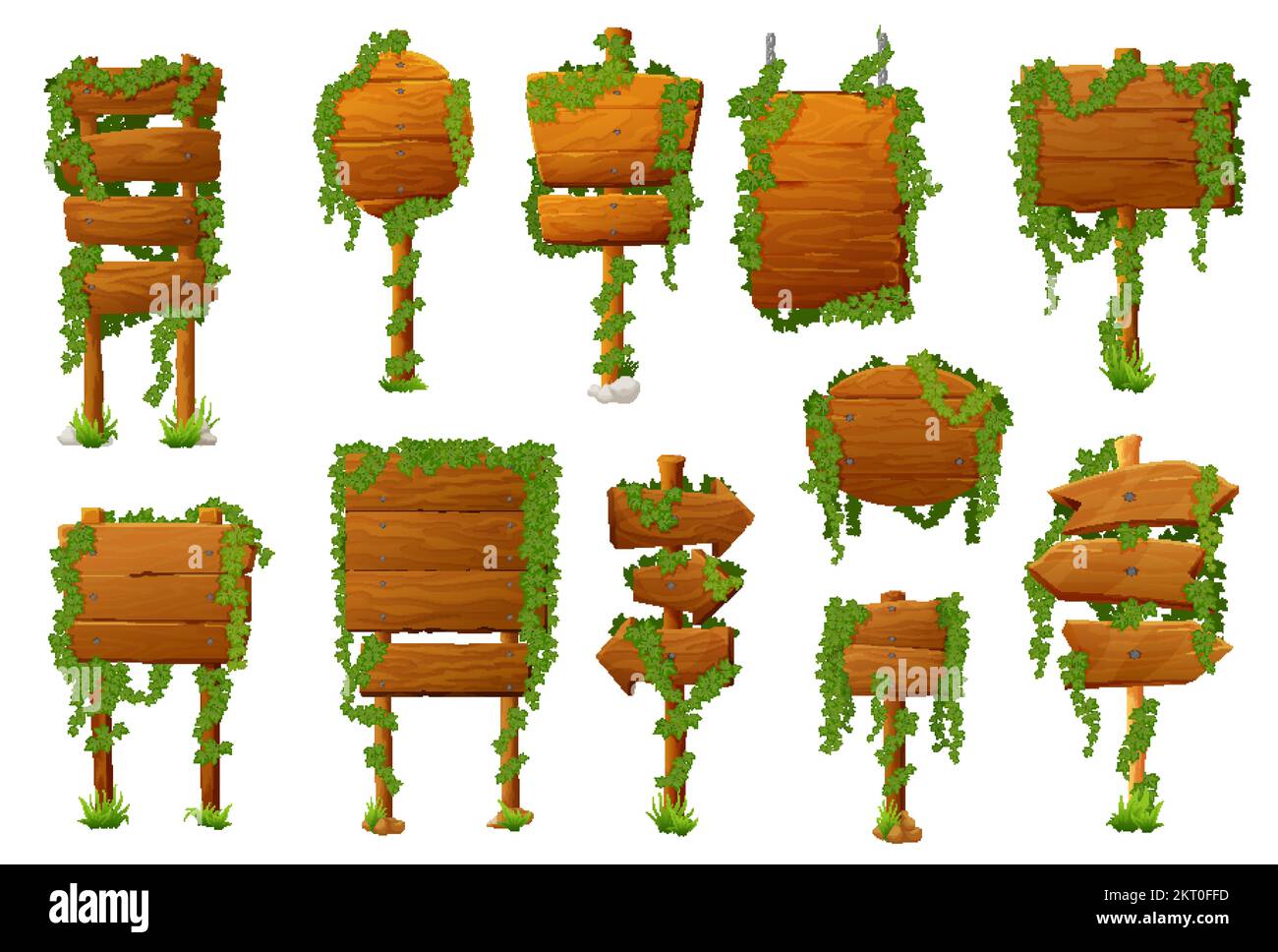 Wooden signs and boards with ivy leaves. Wooden plank direction pointer ...