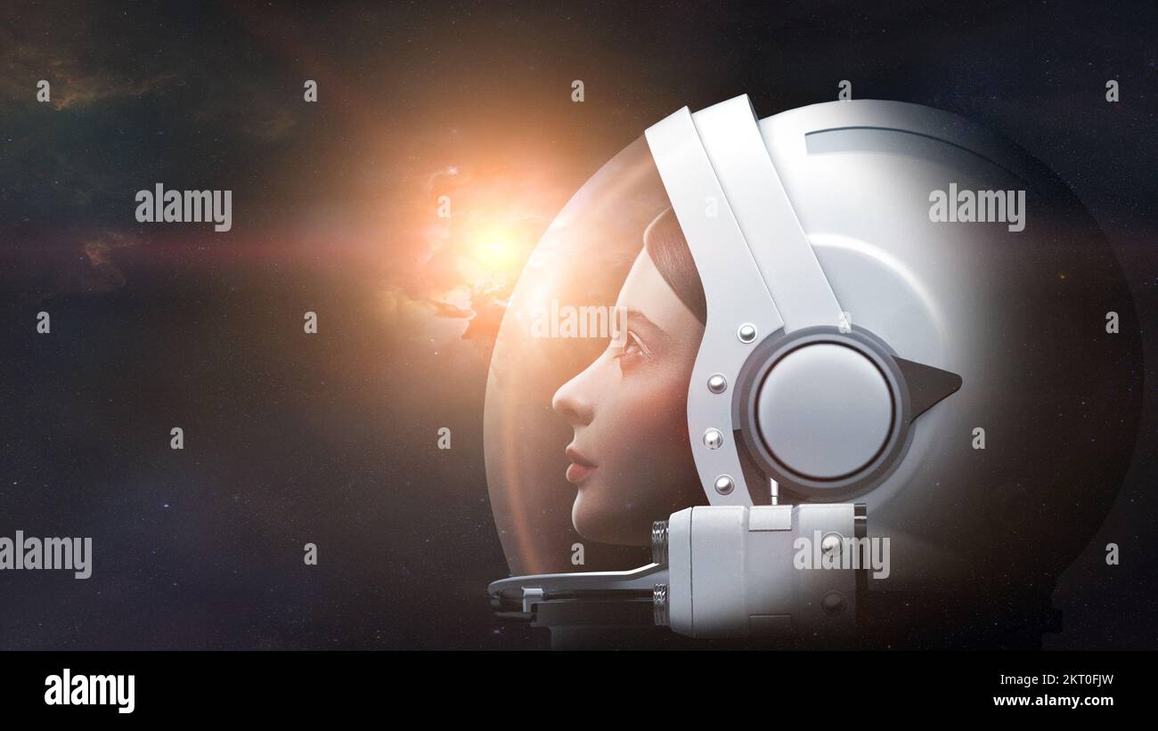 Attractive woman in spacesuit in outer space. Mixed media Stock Photo ...