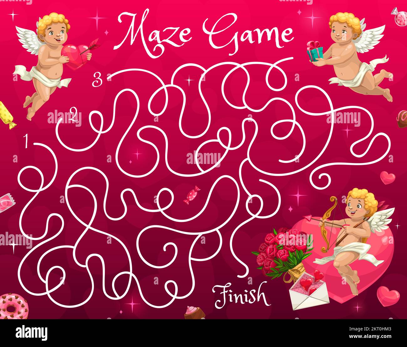 Labyrinth maze game, cartoon cupids and angels, vector puzzle worksheet ...