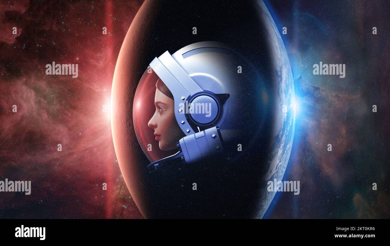 Attractive woman in helmet exploring outer space on Mars and Earth background. Elements of this ...