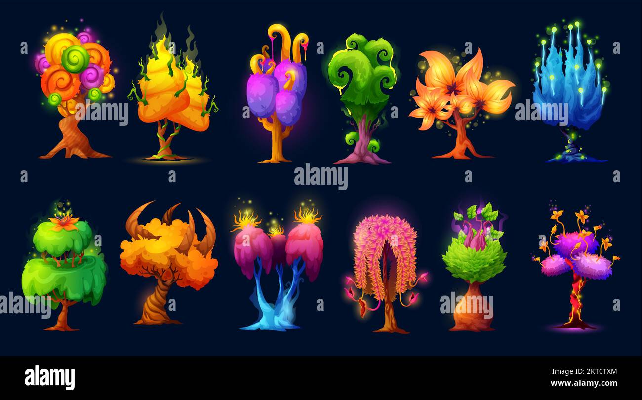 Fantastic alien magic trees and plants game asset. Fairy forest vector ...