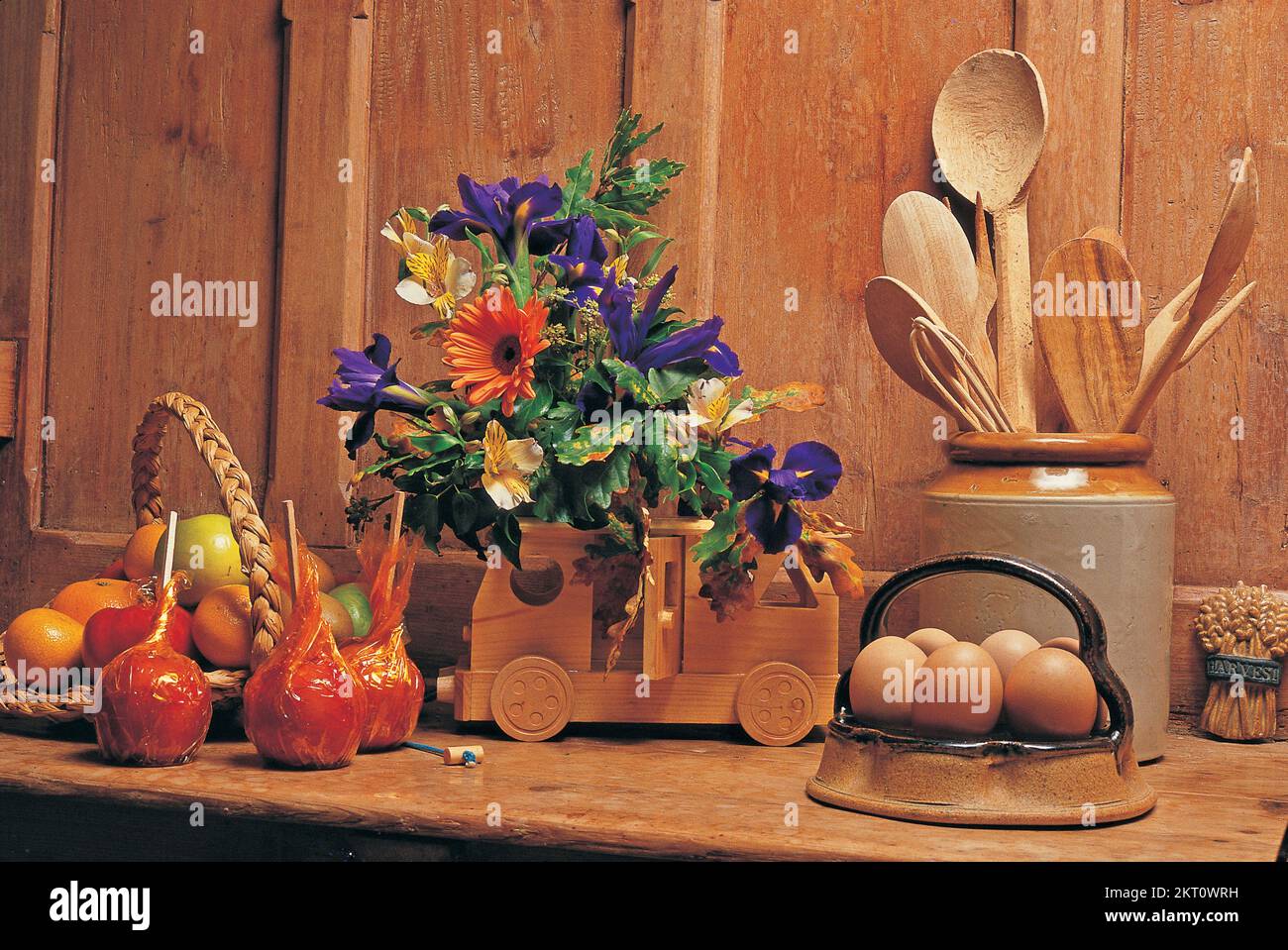 Flower arrangement in a wooden toy train Stock Photo - Alamy