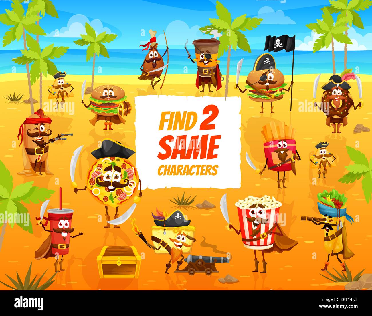 Find two same cartoon pirates fastfood characters on treasure island ...