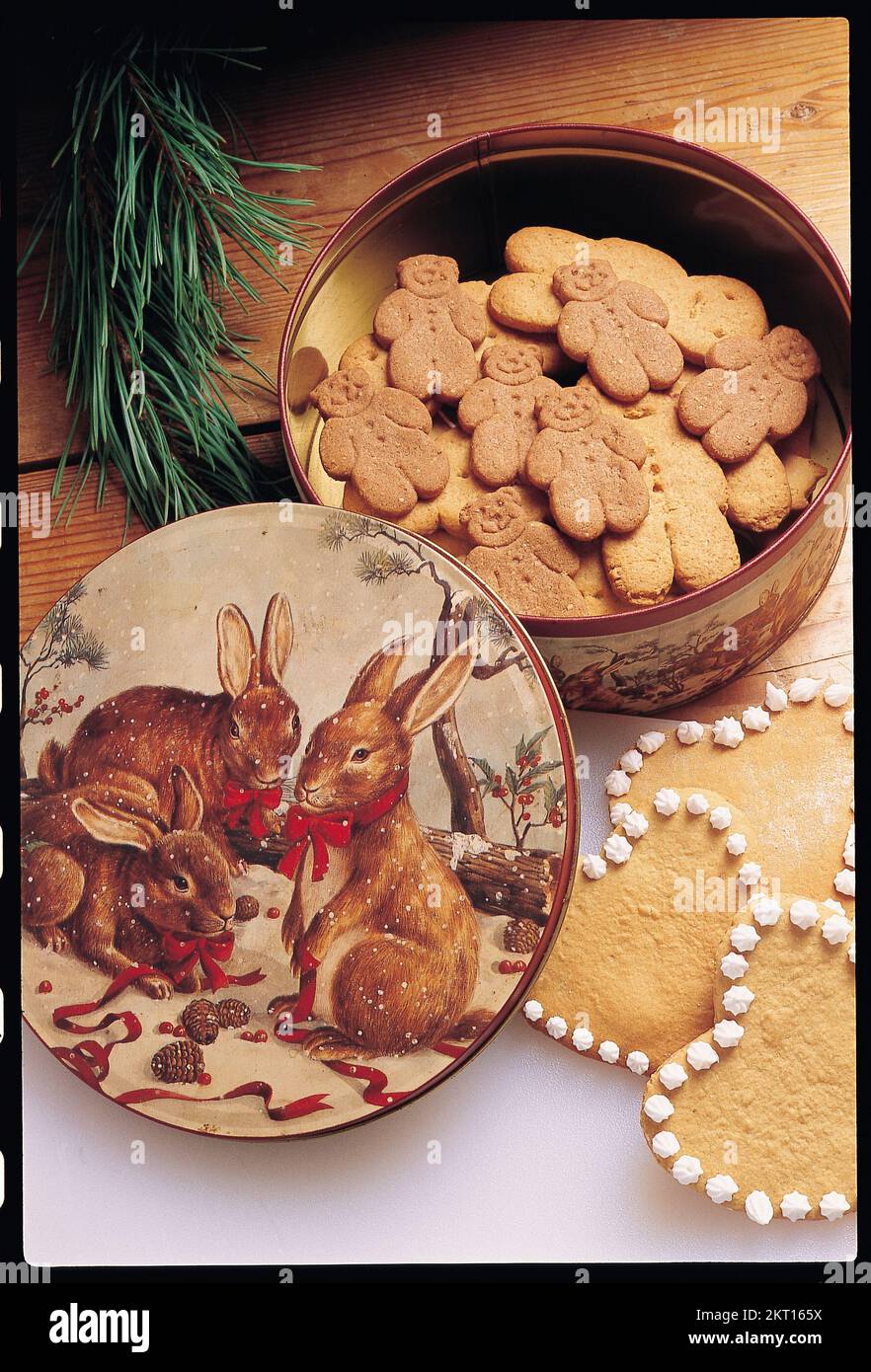 Dark Gingerbread biscuits in a tin Stock Photo - Alamy