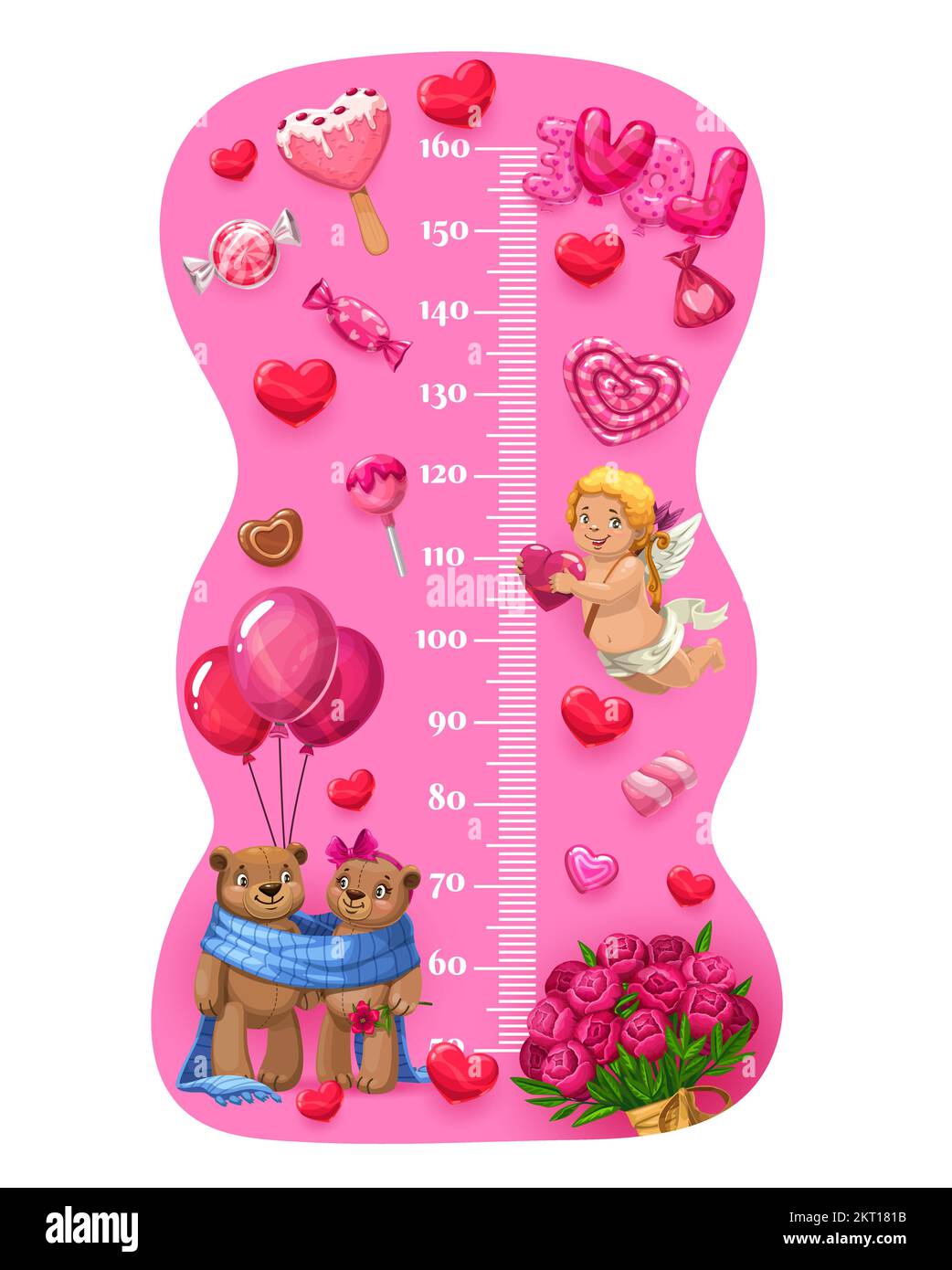 Cartoon hearts, sweets and toys, kids height chart and growth meter ...