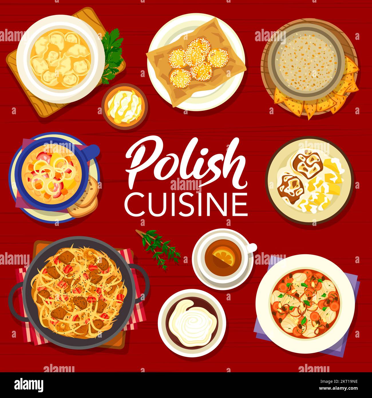 Polish cuisine menu cover. Sugar donut Paczki, carp fish braised with ...