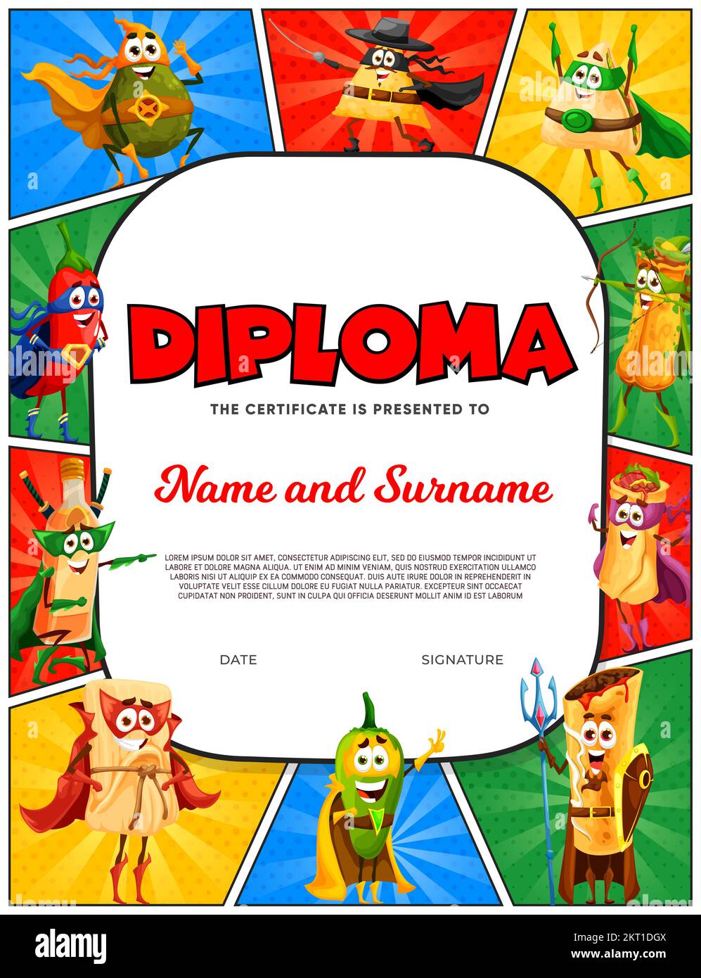 Kids diploma with cartoon retro comics. Mexican food superhero ...