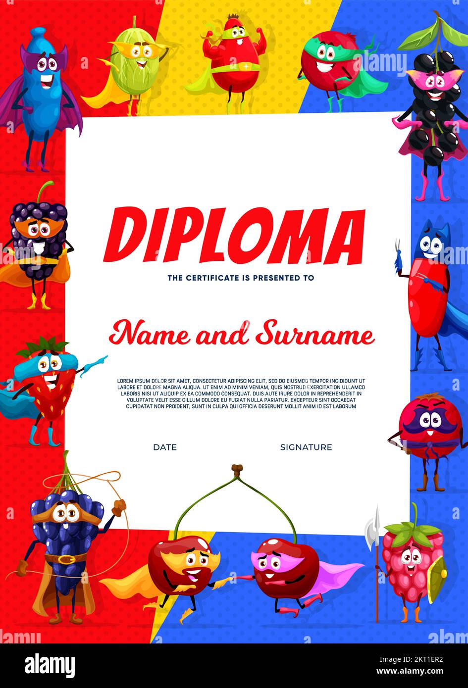 Kids diploma cartoon superhero and defender berry characters. Vector ...