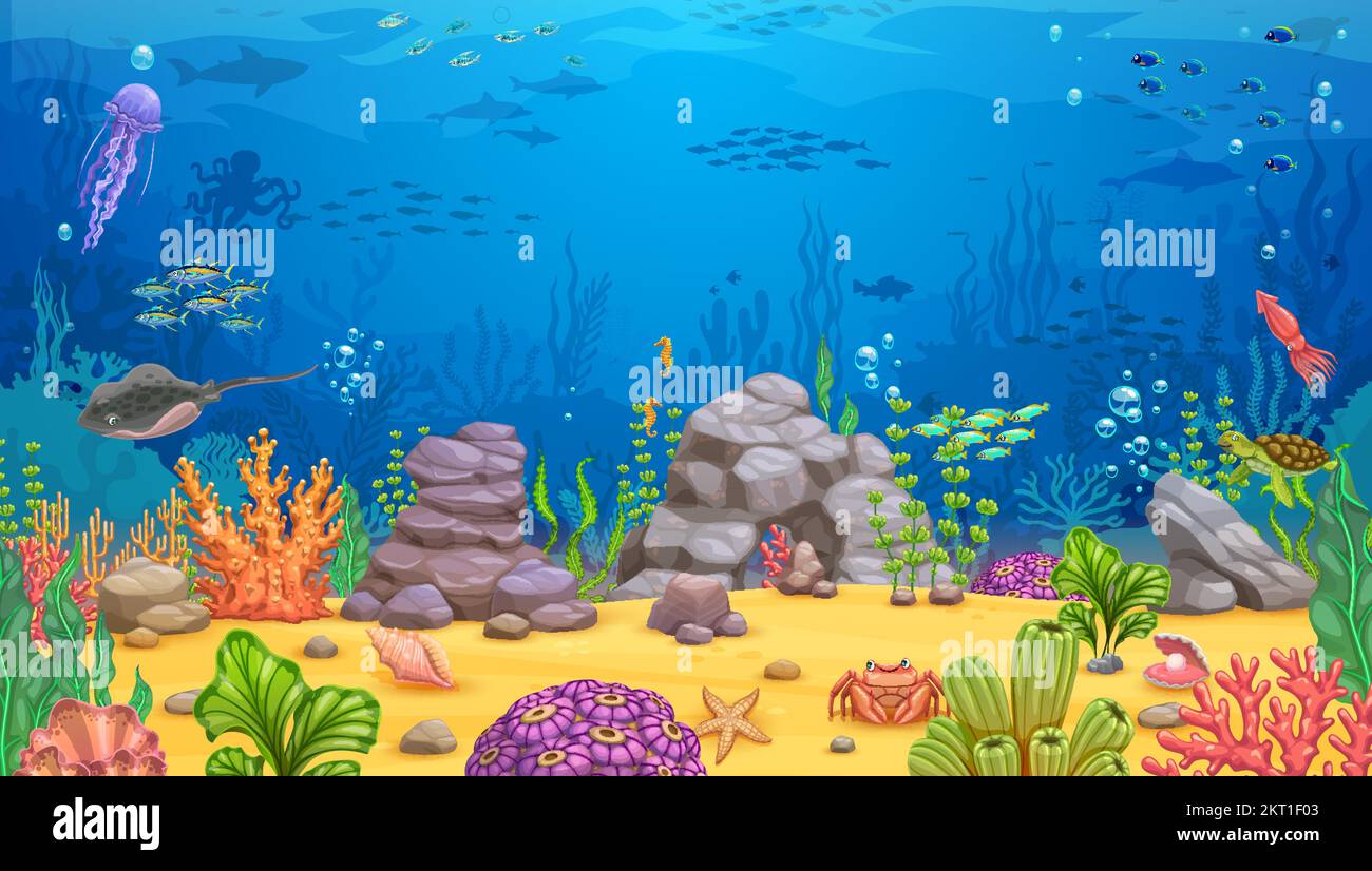 Cartoon underwater landscape, vector background for game with sea ...