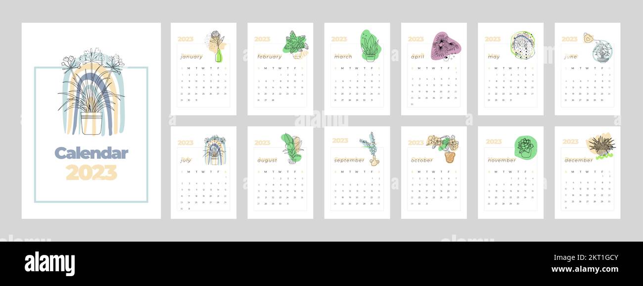 Boho floral calendar for 2023 year. Monthly calendar pages set ...
