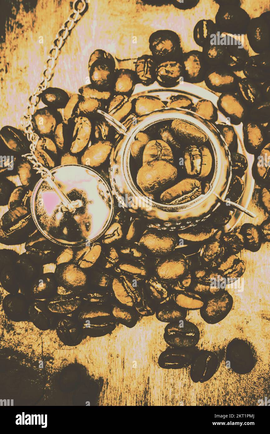 Antique still life art on a small kettle strainer overfilled with ...