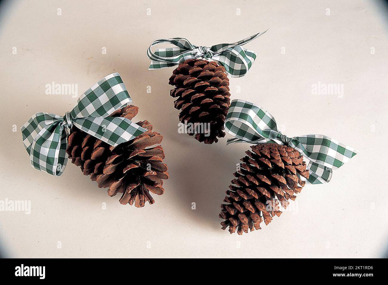 Pine cones tied with green checked bows Stock Photo - Alamy