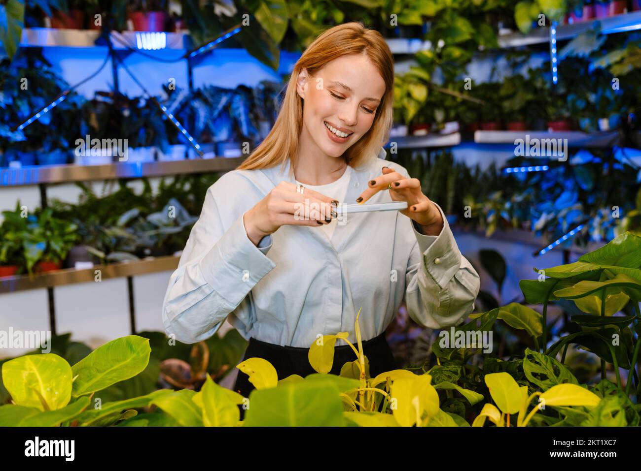 White beautiful young florist girl taking photo of potted plants on ...