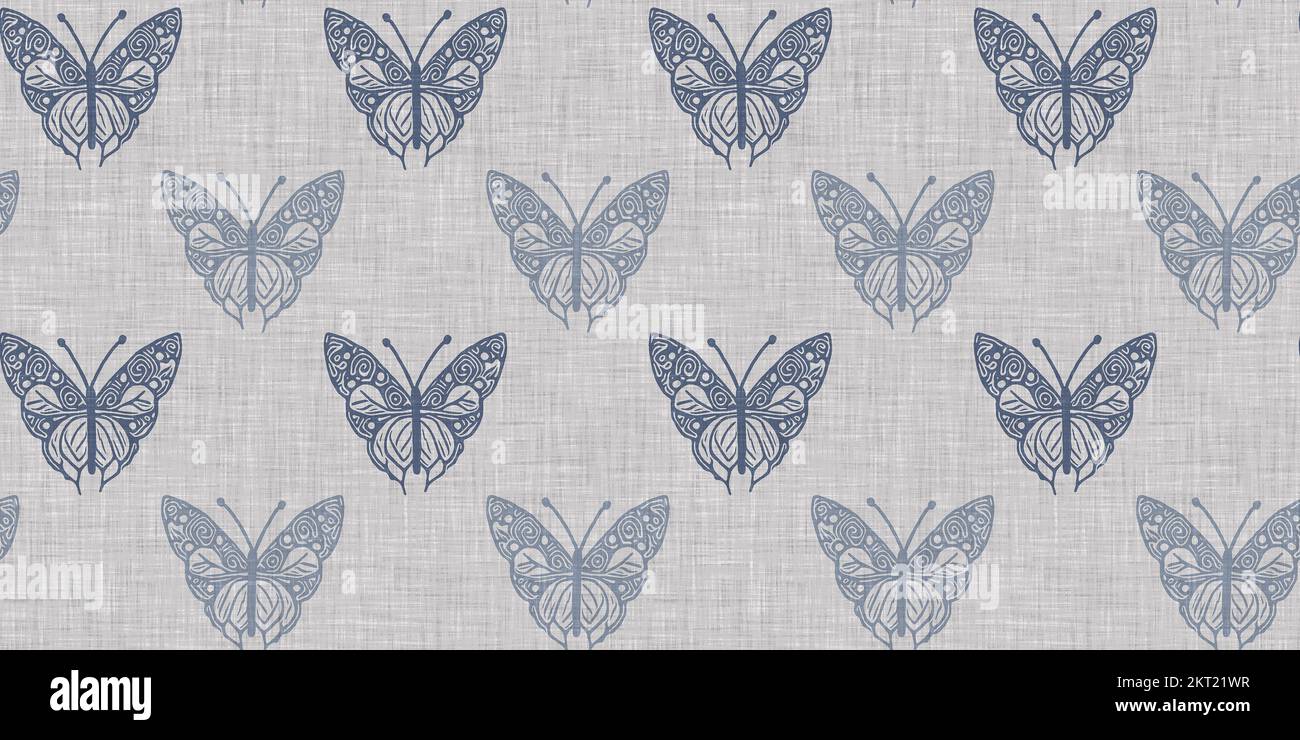 Farmhouse blue butterfly seamless border. Rustic French wildlife for ...