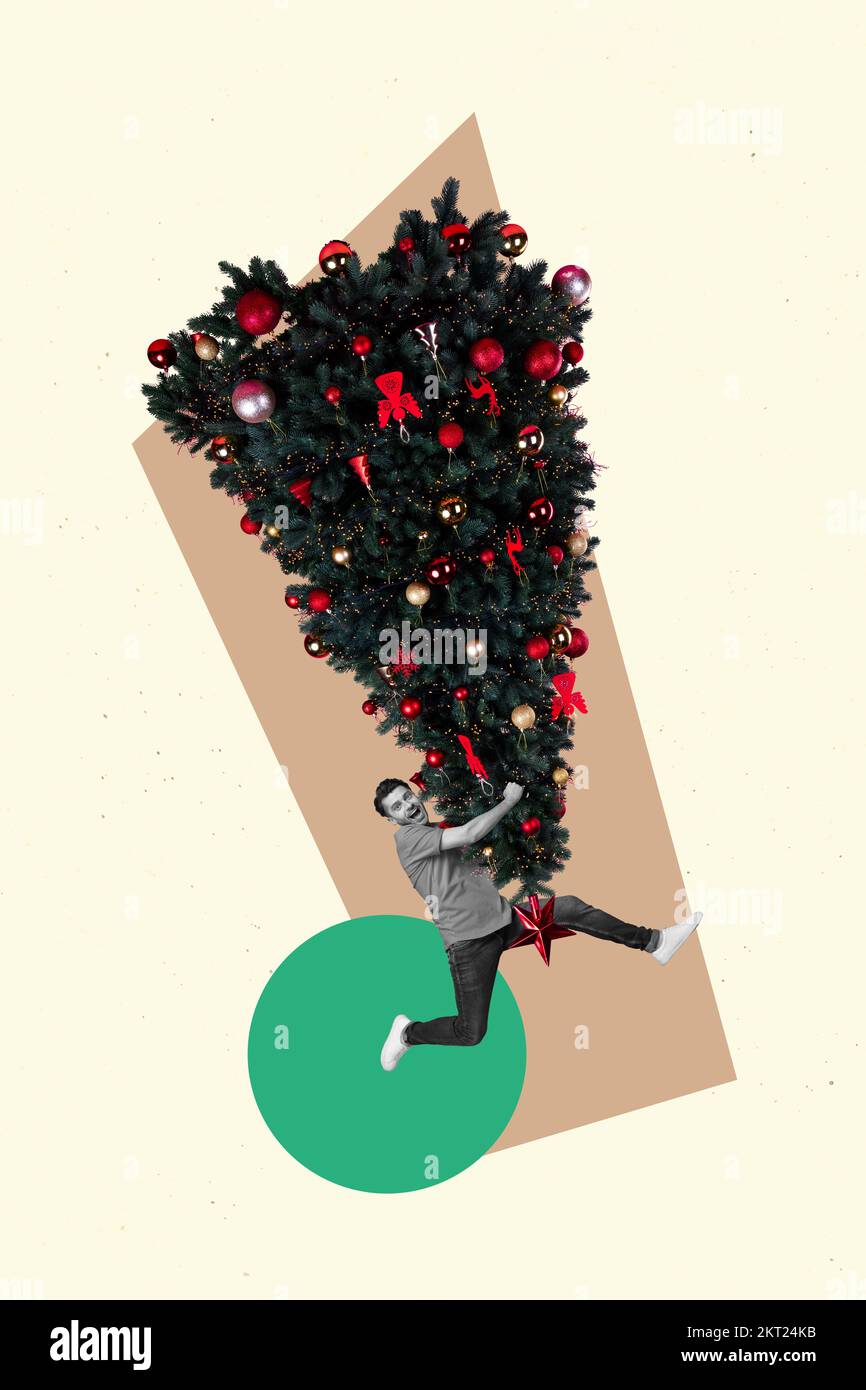 Collage photo banner of young funky guy student hold big decorated ...