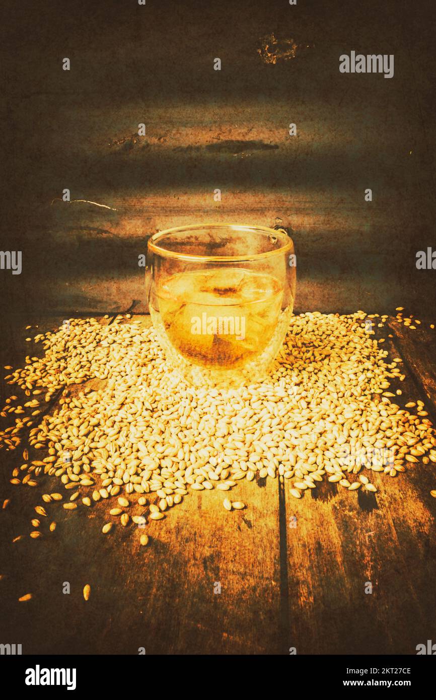 Old Fashioned Still Life Art On A Single Glass Of Whisky Placed On The Grains Of Distillation