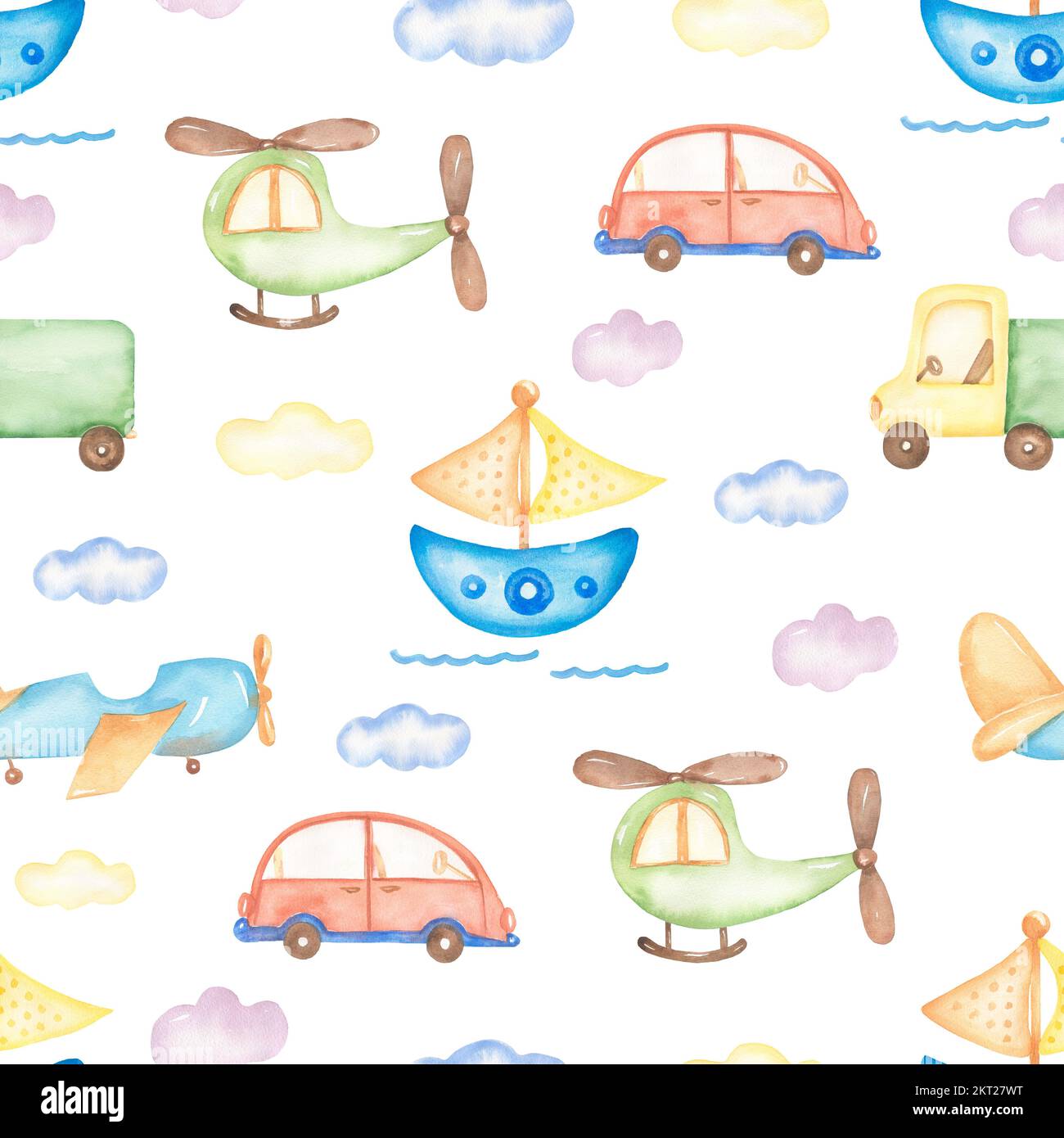 Watercolor transport seamless pattern, pink and yellow car, green truck ...