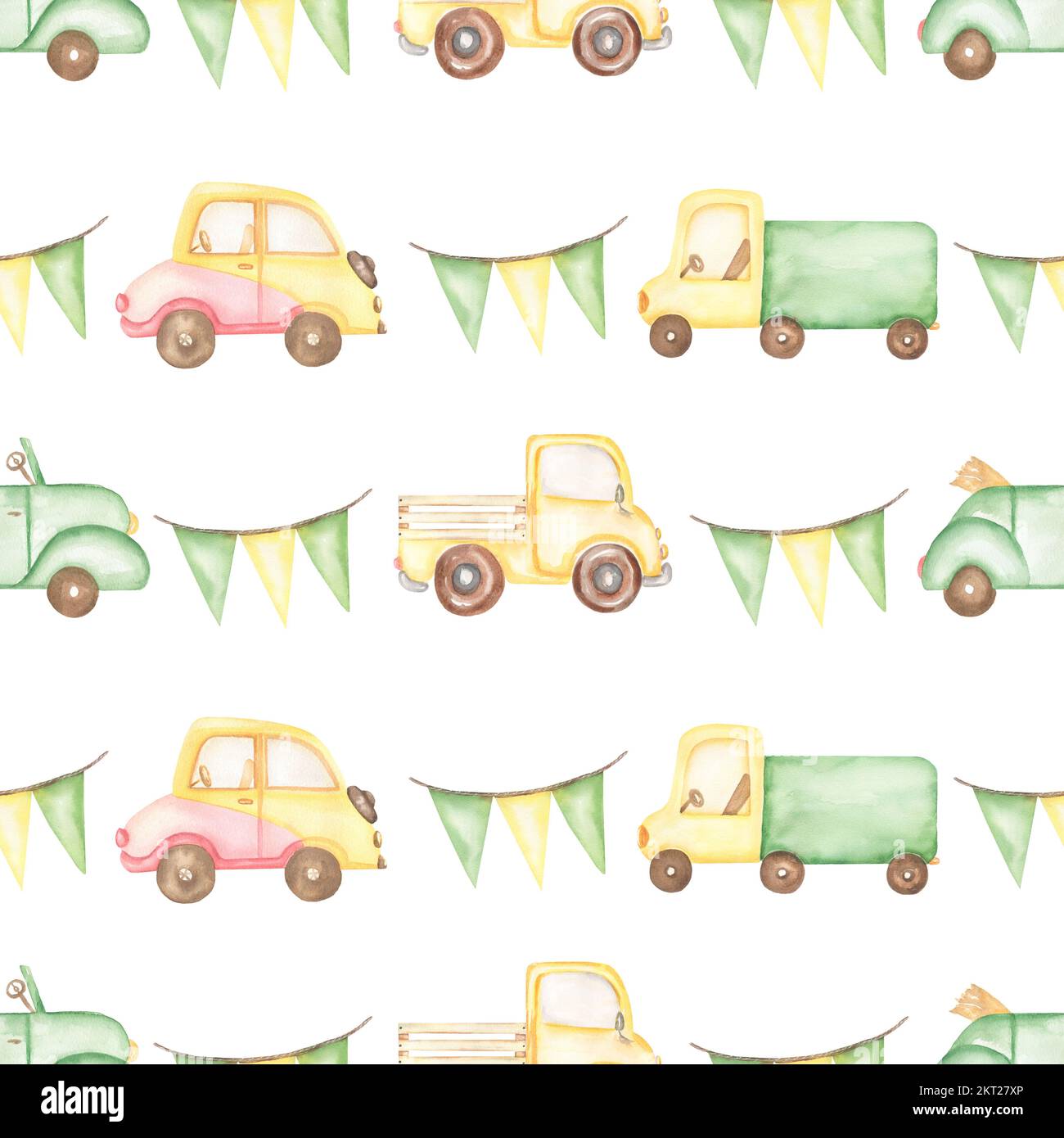 Watercolor transport seamless pattern, pink and yellow car, green truck ...