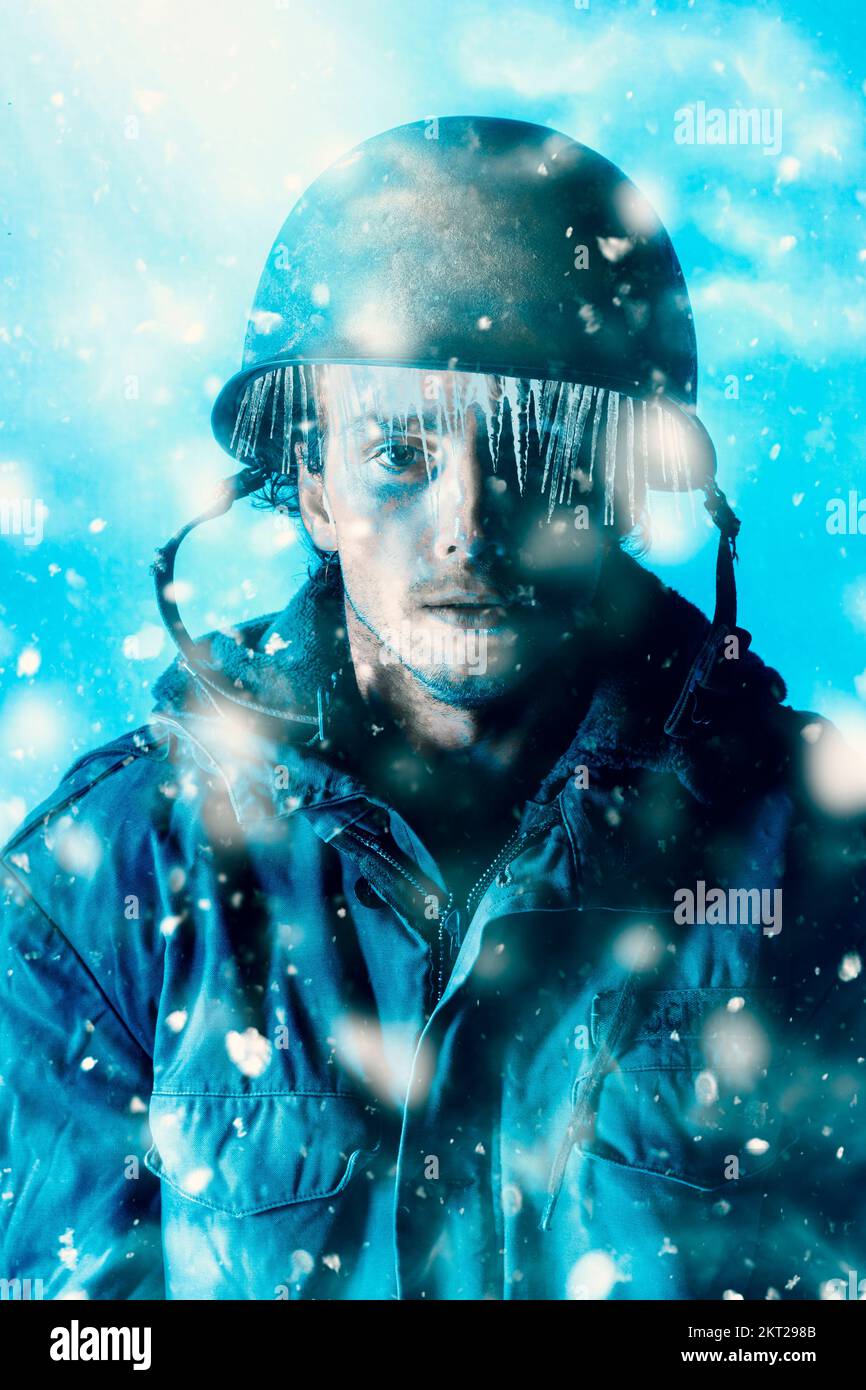 Creative portraiture on a frost bitten soldier experiencing a colder ...