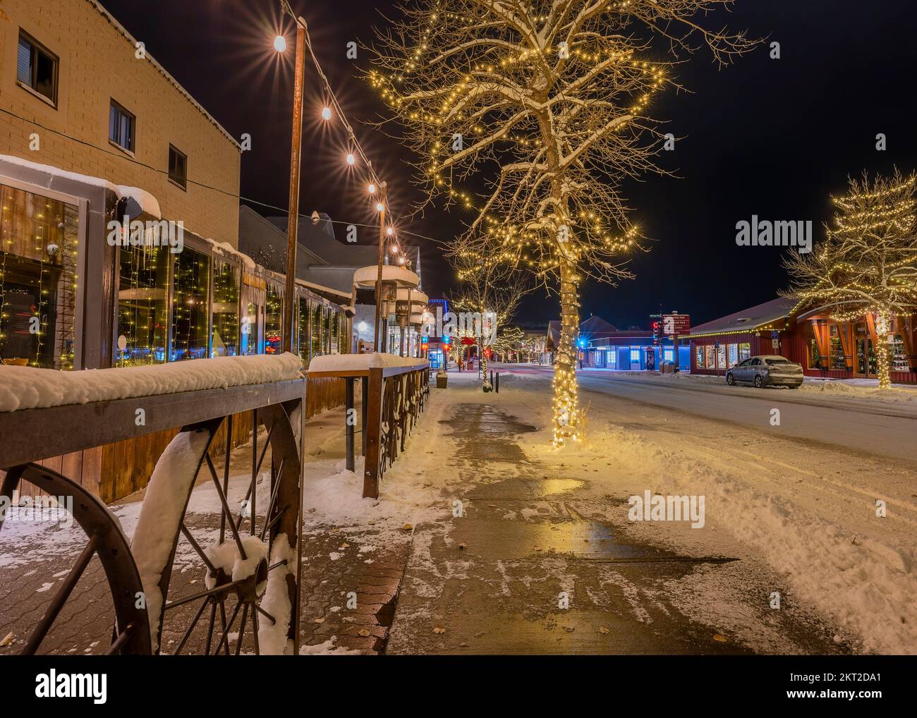 Night view of a Christmas decorated street in downtown Canmore, Alberta ...