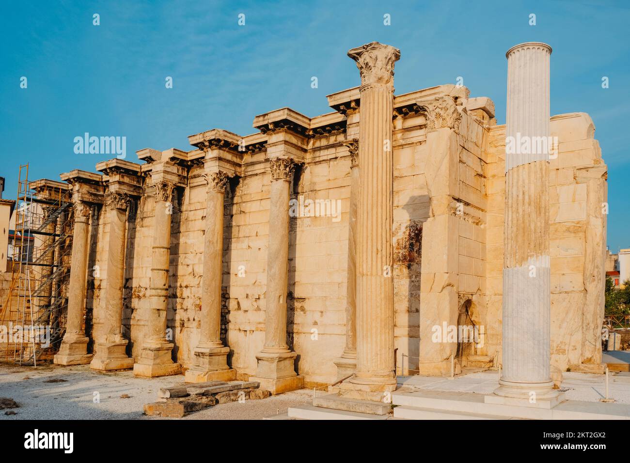 a lateral view of the remains of the Hadrians Library in the Ancient Roman Agora of Athens ...
