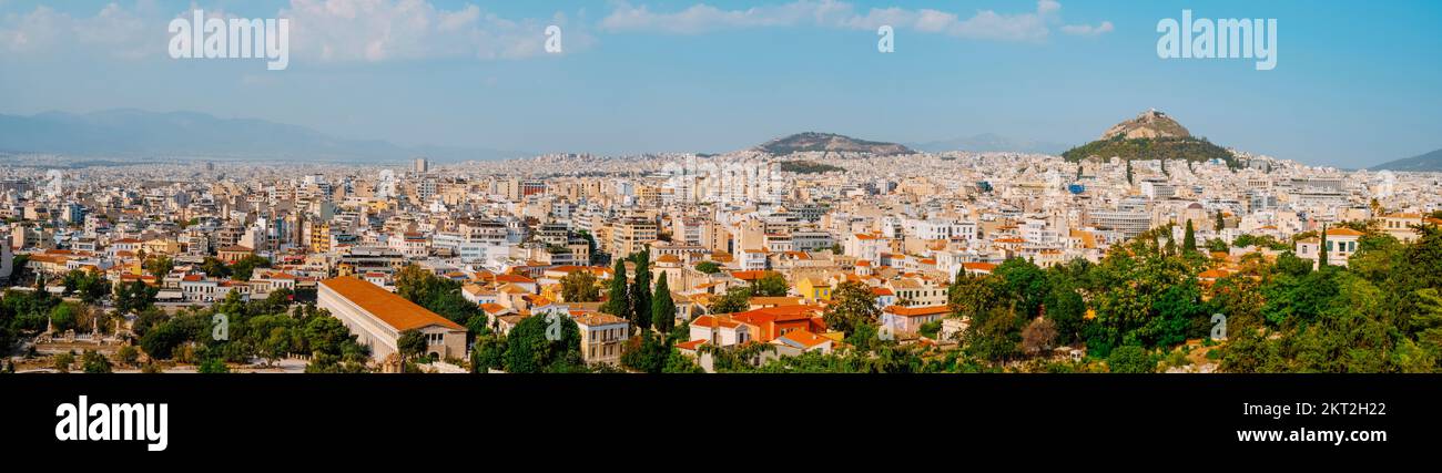 a panoramic view of Athens, Greece, as seen from the top of the Acropolis, highlighting the ...