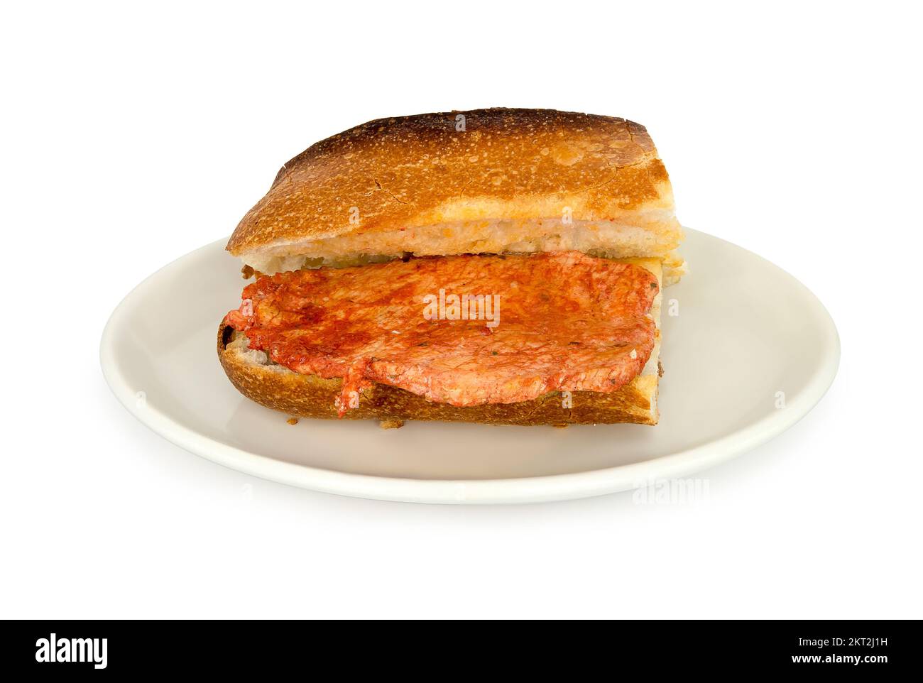 Sandwich with open bread of marinated tenderloin steak isolated on a ...