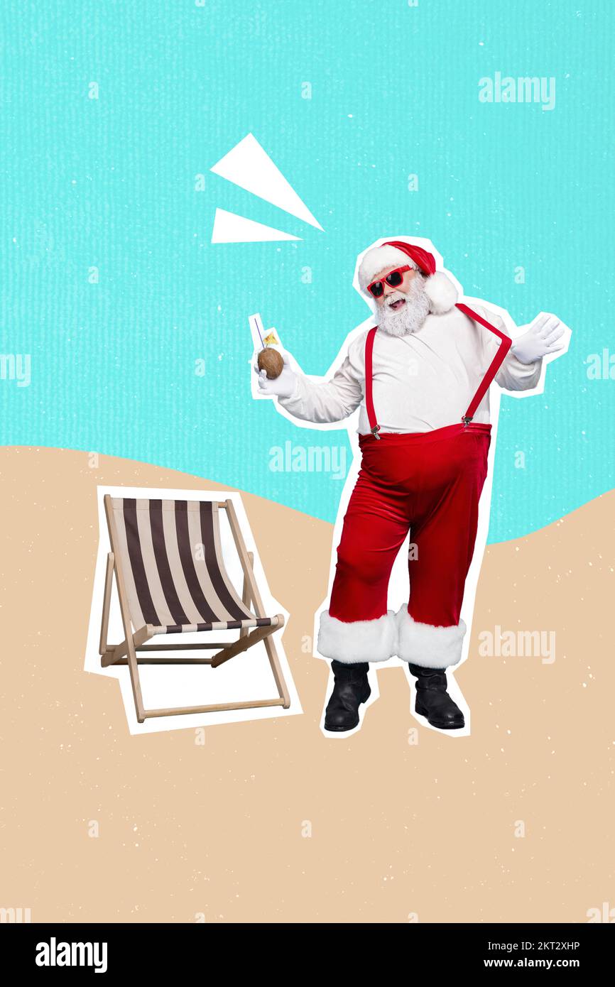 Christmas banner collage of jolly santa claus enjoy summer resort drink ...