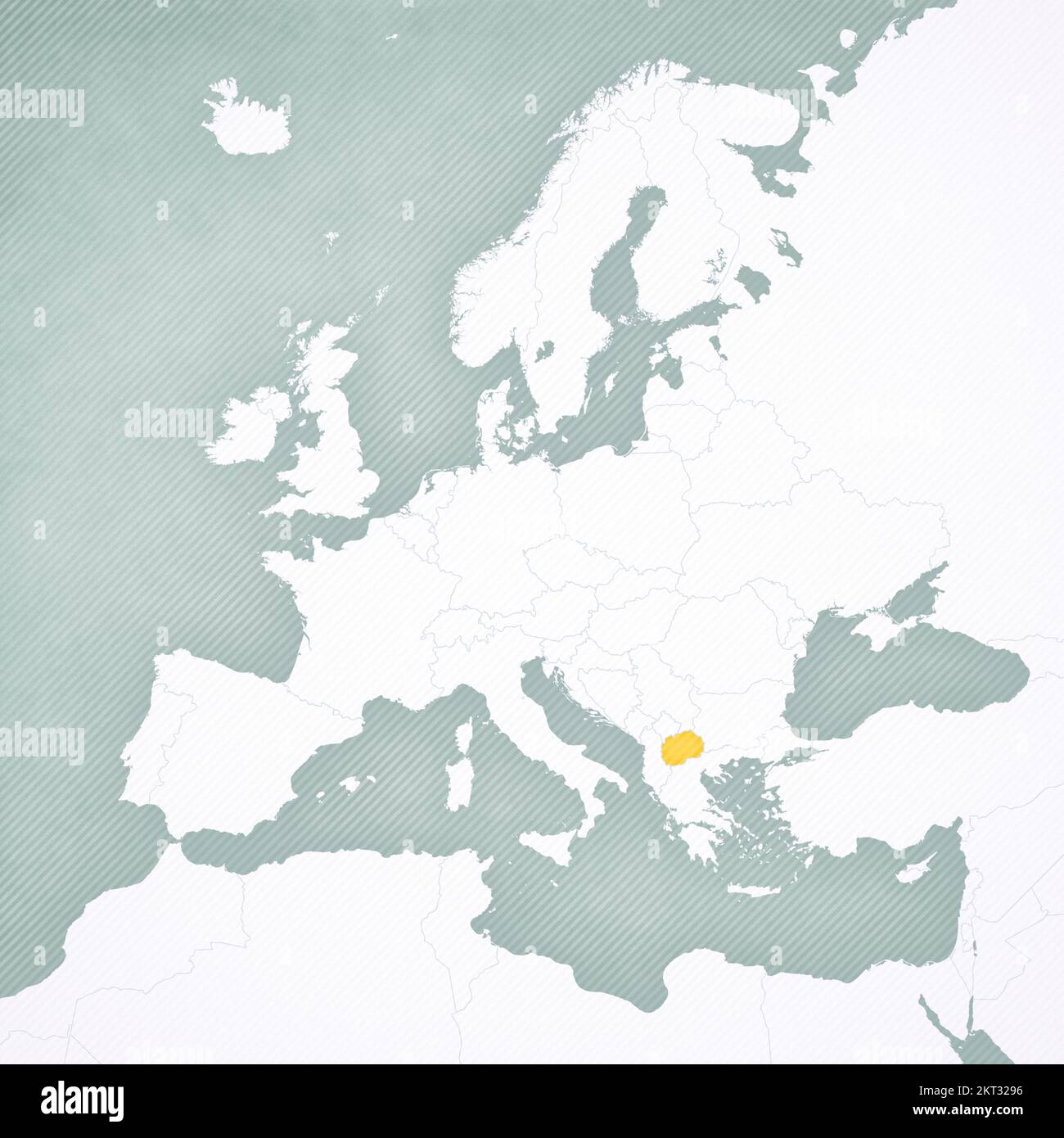 North Macedonia on the map of Europe with softly striped vintage ...