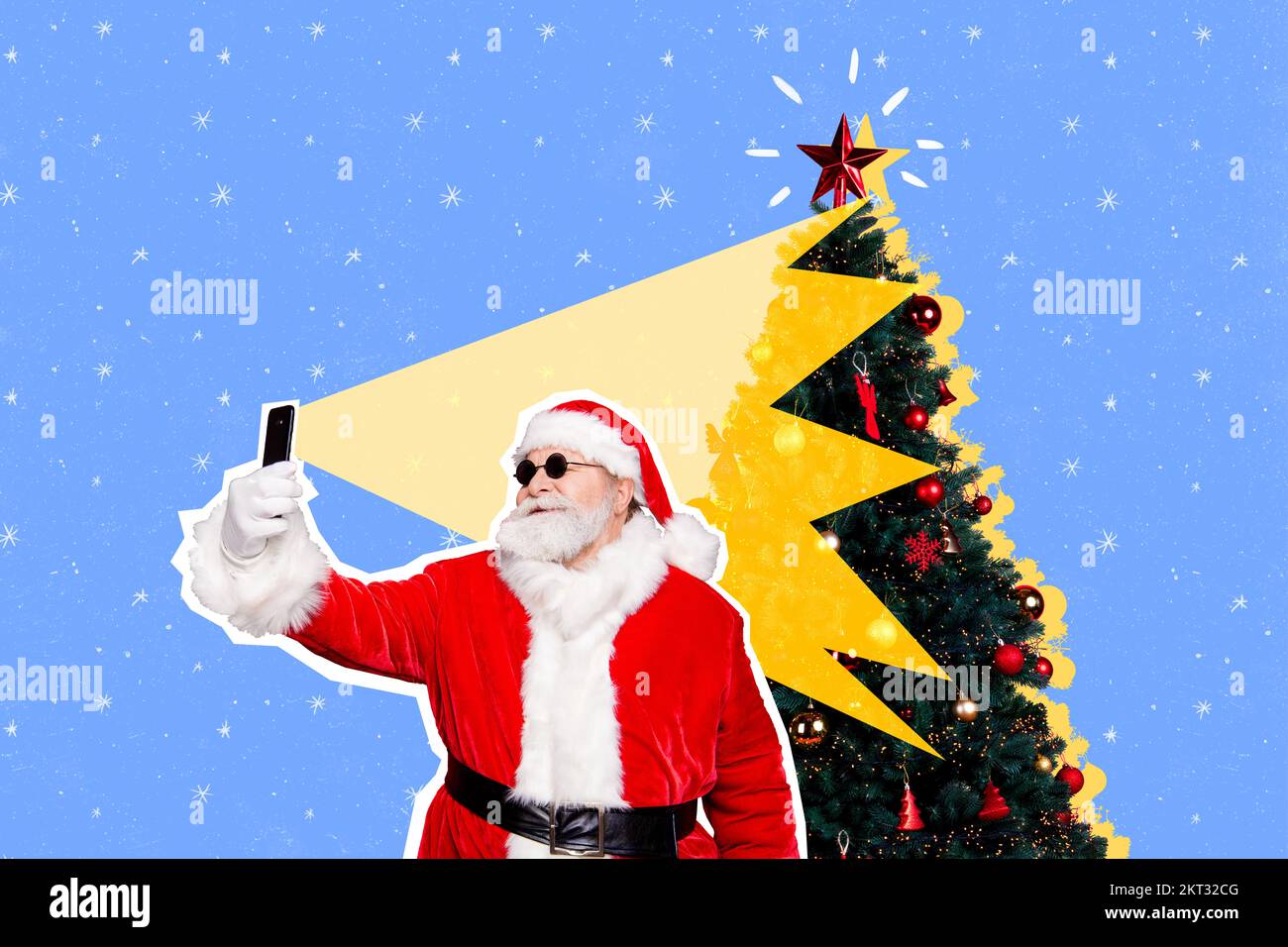 Creative collage image of funny aged santa hold telephone make selfie ...
