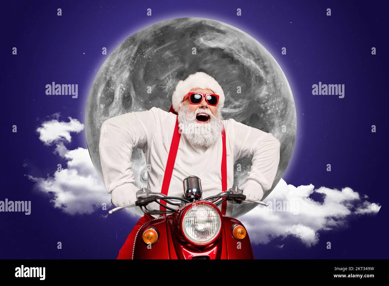 New year collage postcard of santa claus ride fast scooter hurry for ...