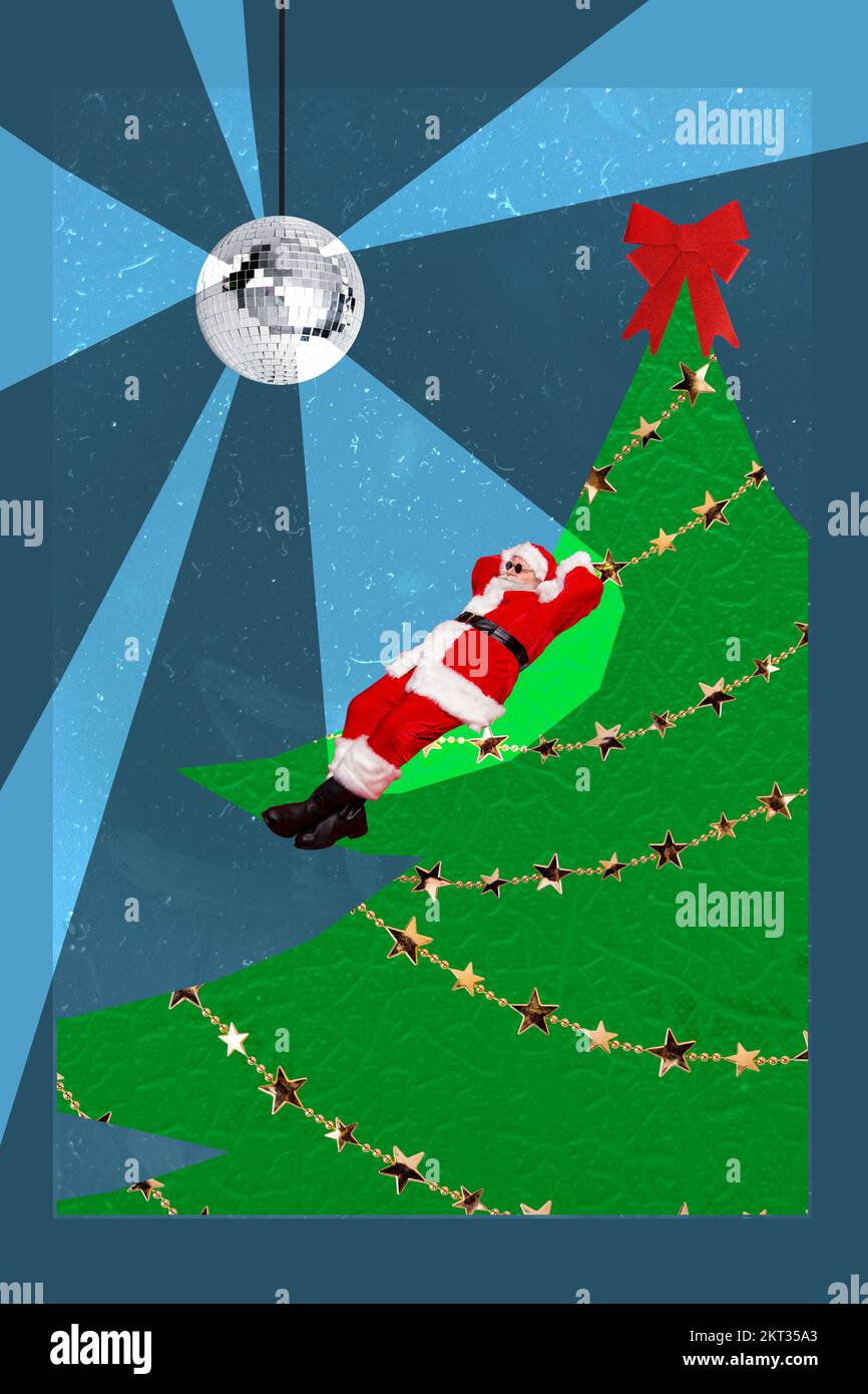 Vertical collage picture of peaceful funky mini santa claus take nap ...