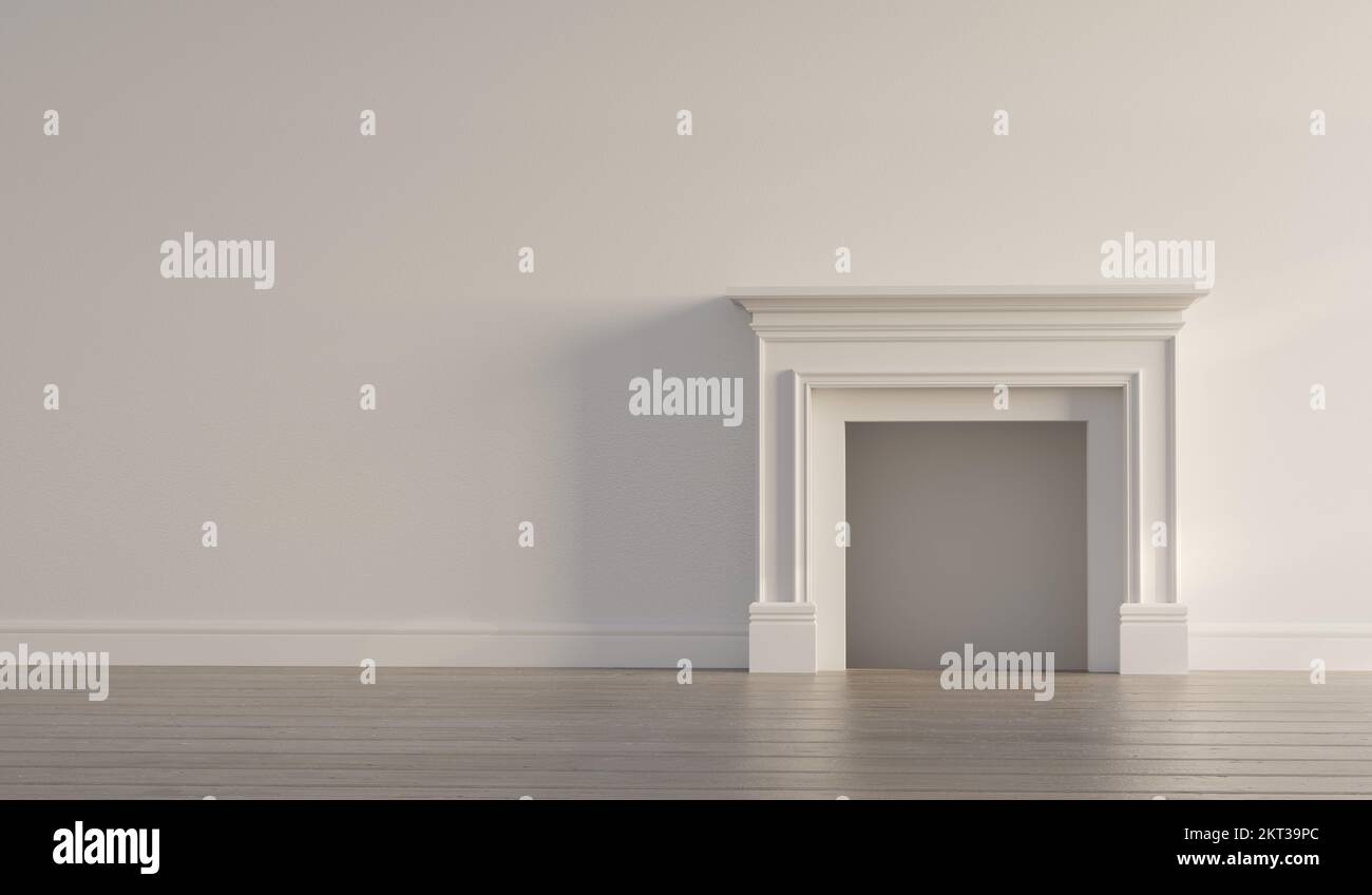 Large traditional fireplace without a fire. Blank walls. Empty mantle ...