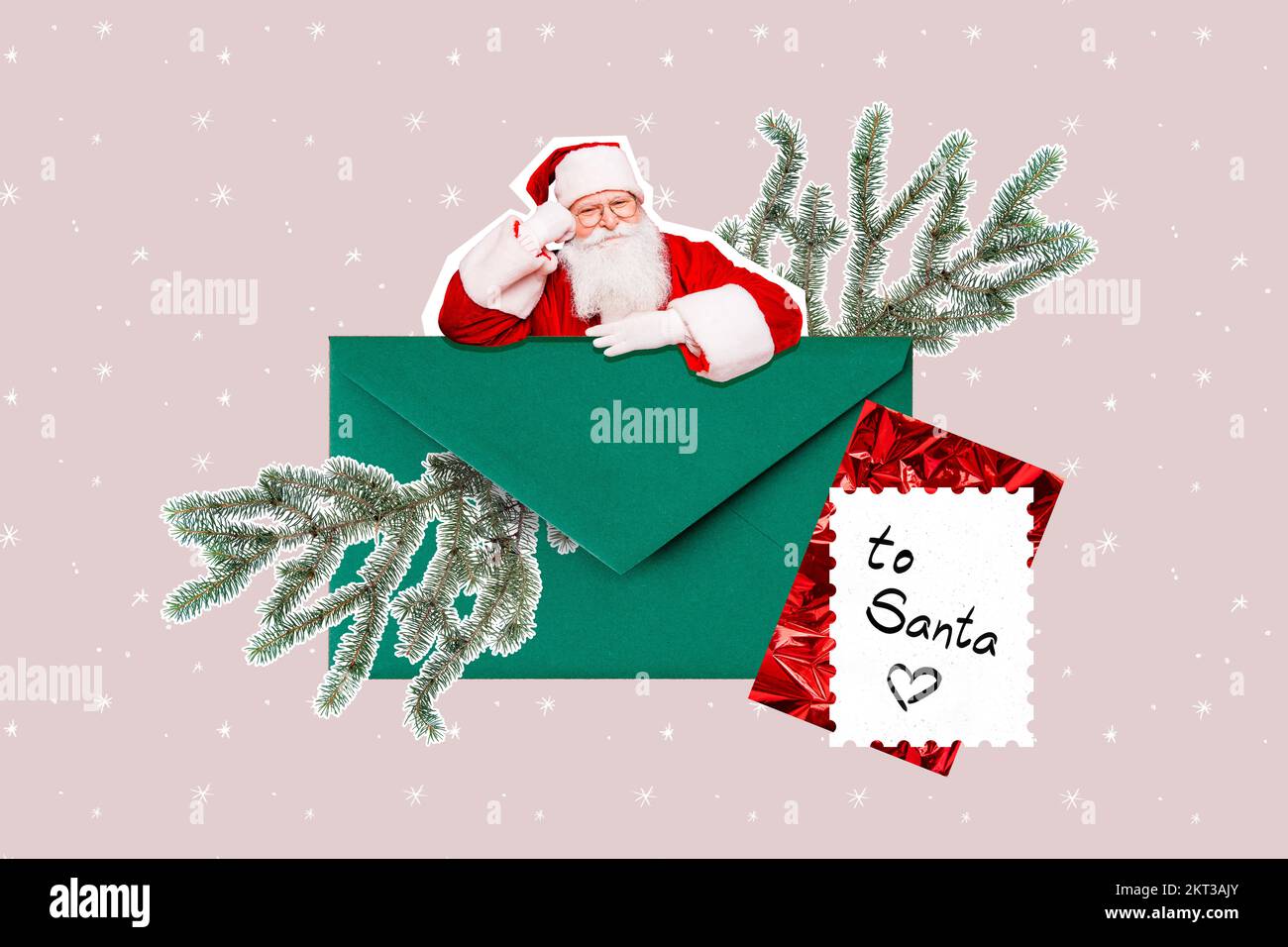 Creative collage picture of mini grandfather santa big envelope letter ...